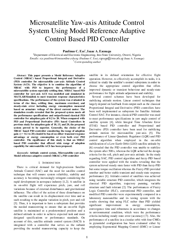 Pdf Microsatellite Yaw Axis Attitude Control System Using Model