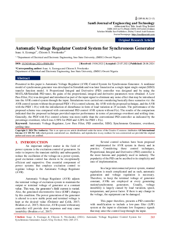 (PDF) Automatic Voltage Regulator Control System for Synchronous Generator