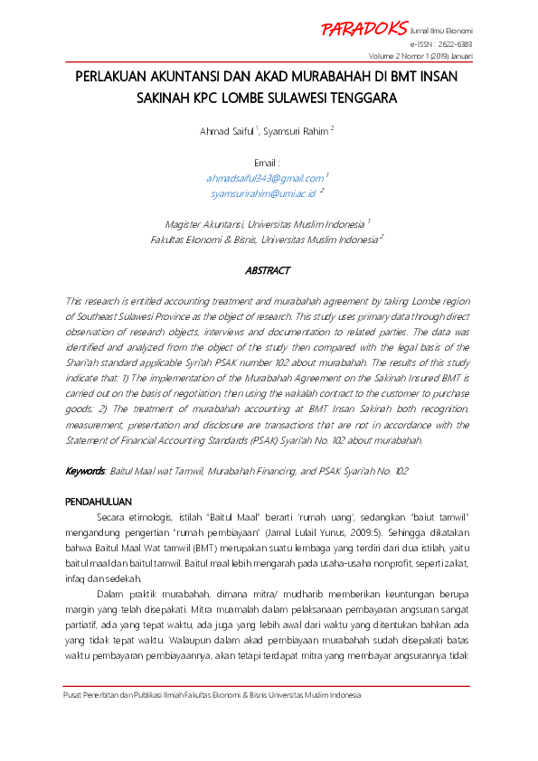 (PDF) Perlakuan Akuntansi Dan Akad Murabahah DI BMT Insan Sakinah KPC Lombe Sulawesi Tenggara