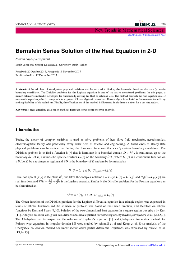 (PDF) Bernstein Series Solution of the Heat Equation in 2-D
