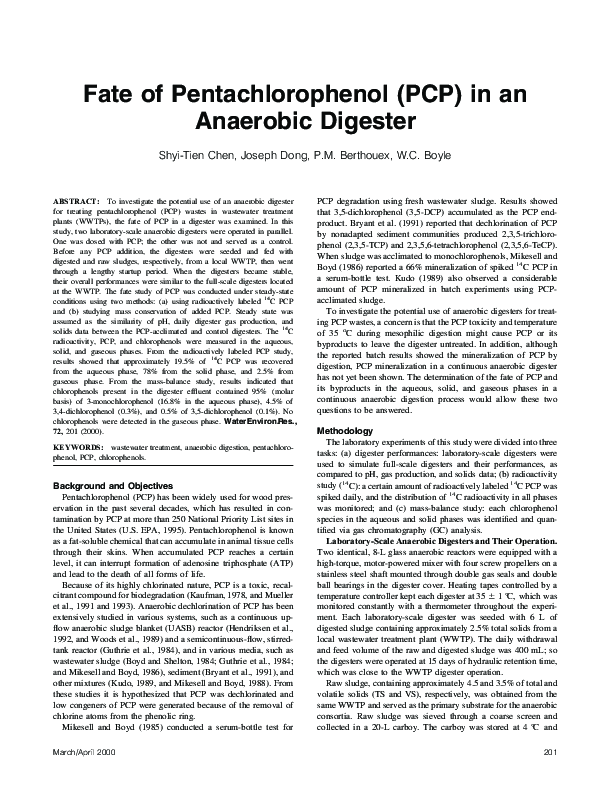 (PDF) Fate of Pentachlorophenol (PCP) in an Anaerobic Digester