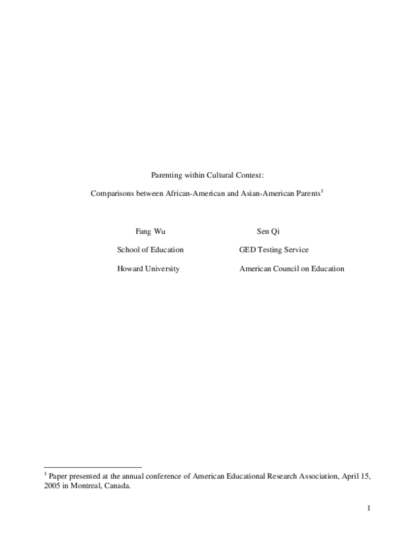 (PDF) Parenting within Cultural Context: Comparisons between African-American and Asian-American ...