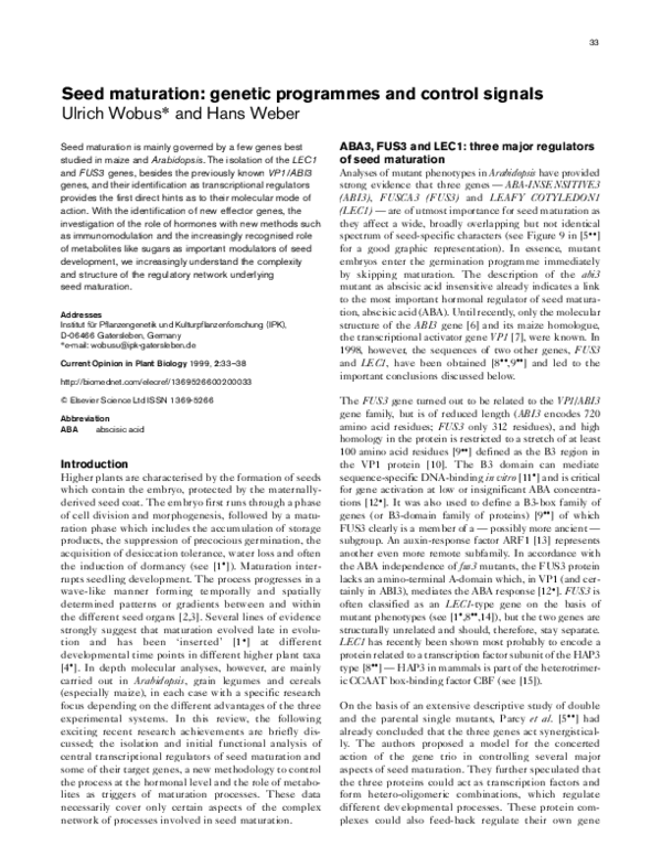 (PDF) Seed maturation: genetic programmes and control signals