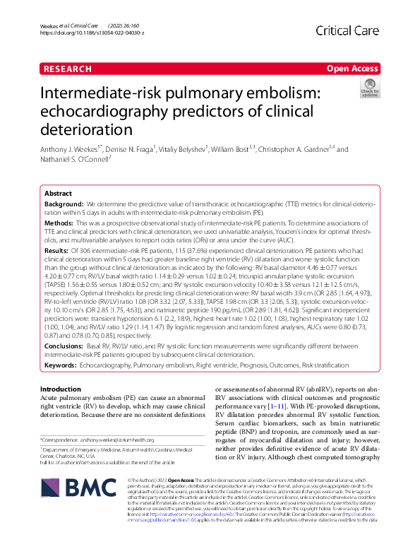 (PDF) Intermediate-risk pulmonary embolism: echocardiography predictors ...