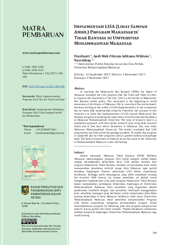 (PDF) Implementasi LISA (Lihat Sampah Ambil) Program Makassarta’ Tidak Rantasa di Universitas ...
