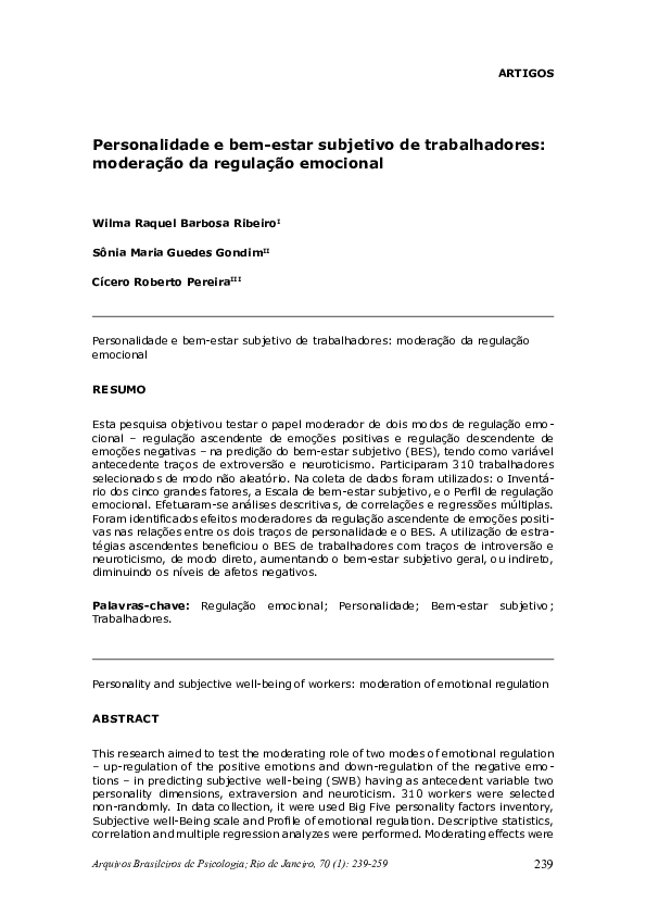 (PDF) Personalidade e bem-estar subjetivo de trabalhadores: moderação ...
