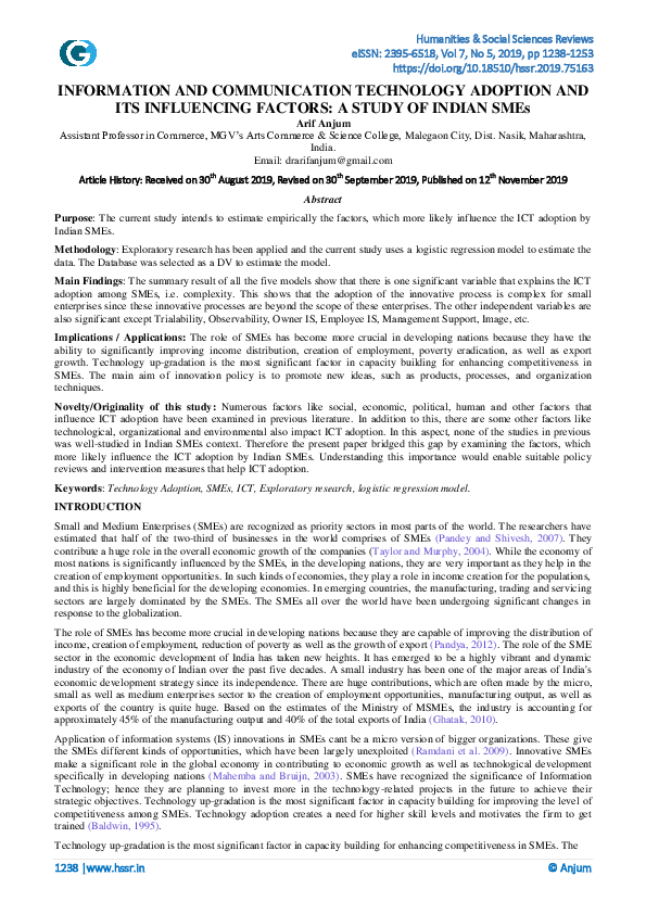 Pdf Information And Communication Technology Ict Adoption Factors And Its Influence On