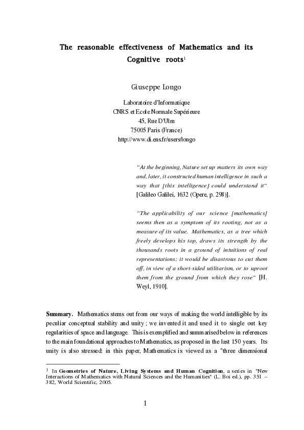 (PDF) The Reasonable Effectiveness of Mathematics and Its Cognitive Roots