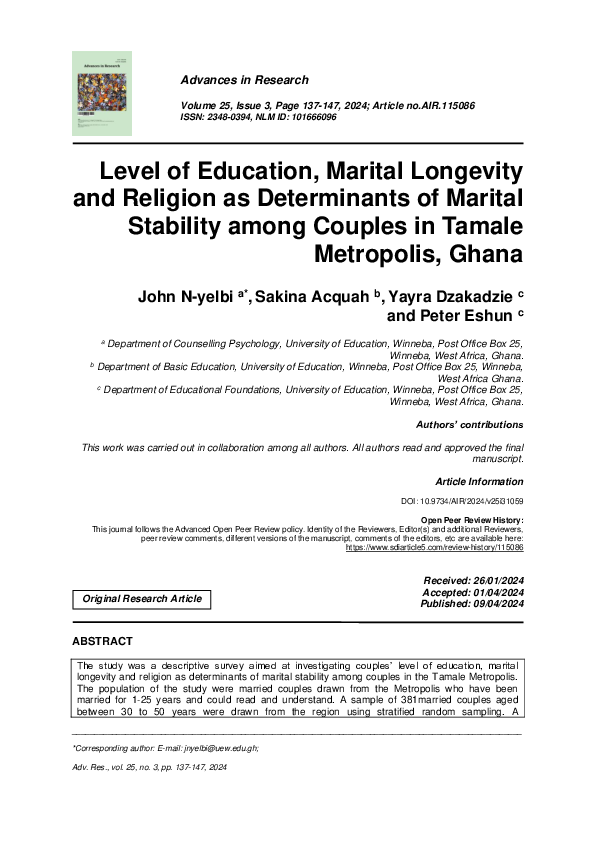 (PDF) Level of Education, Marital Longevity and Religion as Determinants of Marital Stability ...
