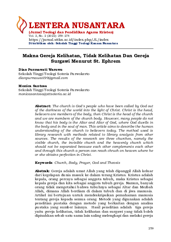(PDF) Makna Gereja Kelihatan, Tidak Kelihatan Dan Gereja Surgawi Menurut St. Ephrem