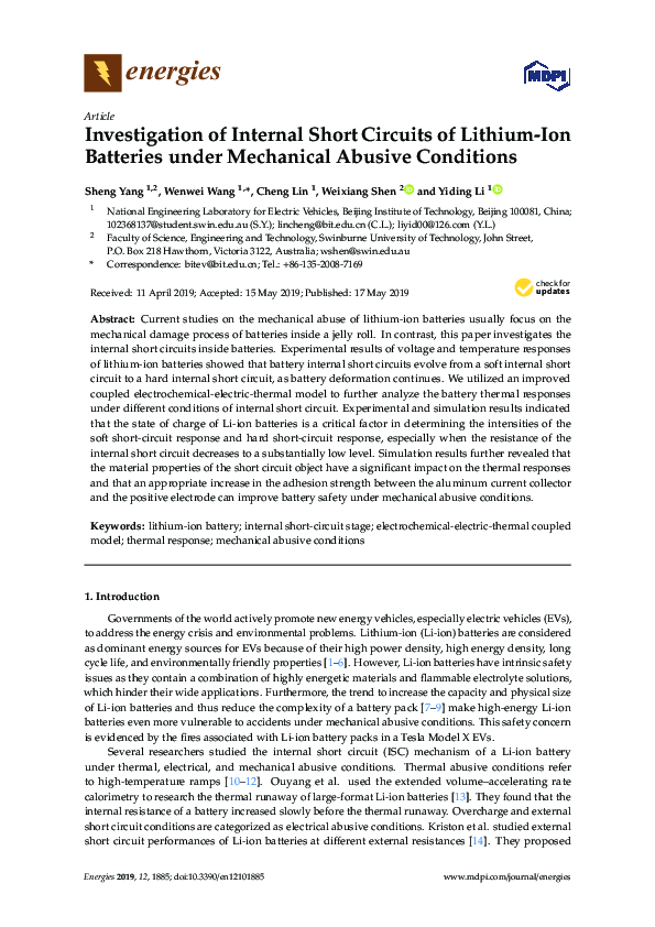 (PDF) Investigation of Internal Short Circuits of Lithium-Ion Batteries under Mechanical Abusive ...