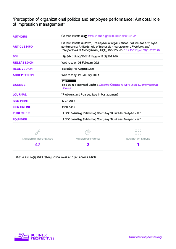 (PDF) Perception of organizational politics and employee performance: Antidotal role of ...
