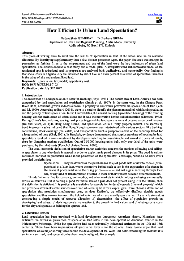 (PDF) How Efficient is Urban Land Speculation?