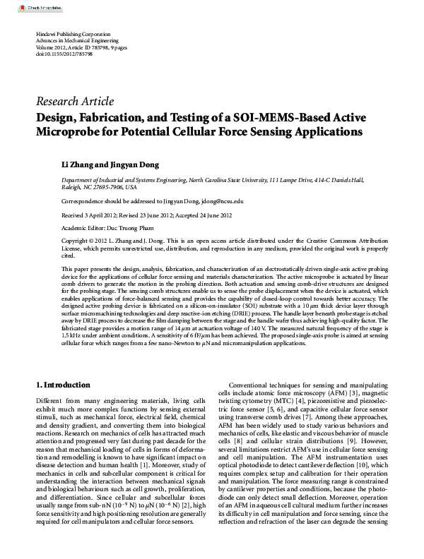 Pdf Design Fabrication And Testing Of A Soi Mems Based Active Microprobe For Potential
