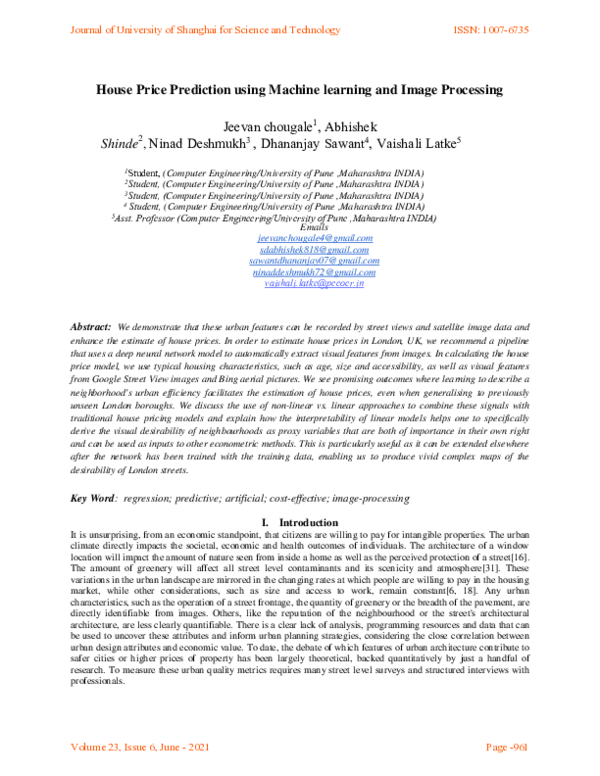 (PDF) House Price Prediction using Machine learning and Image Processing
