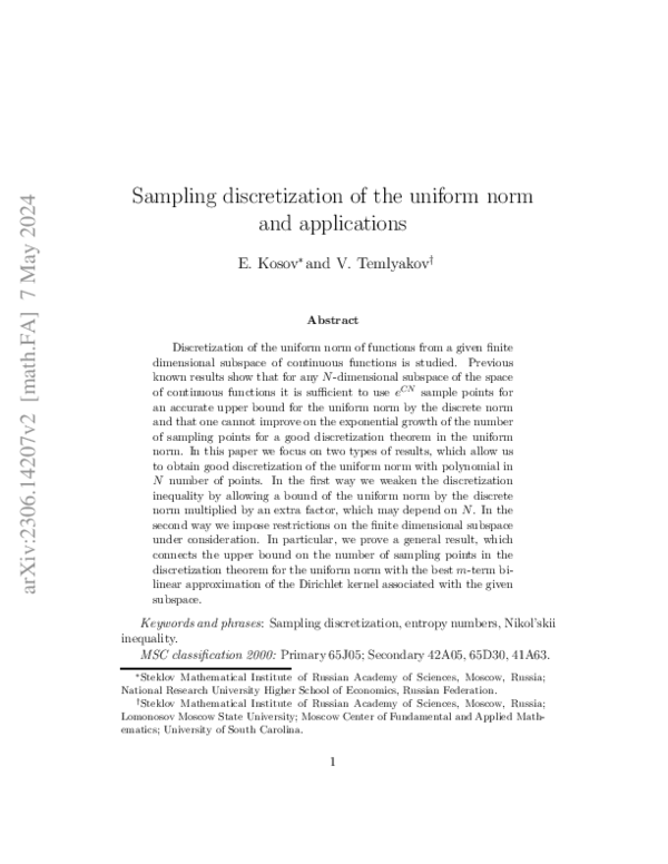 (PDF) Sampling discretization of the uniform norm and applications