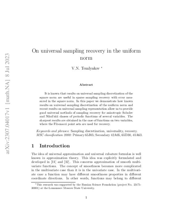 (PDF) On universal sampling recovery in the uniform norm