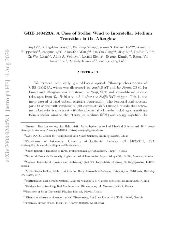 (PDF) GRB 140423A: A Case of Stellar Wind to Interstellar Medium ...