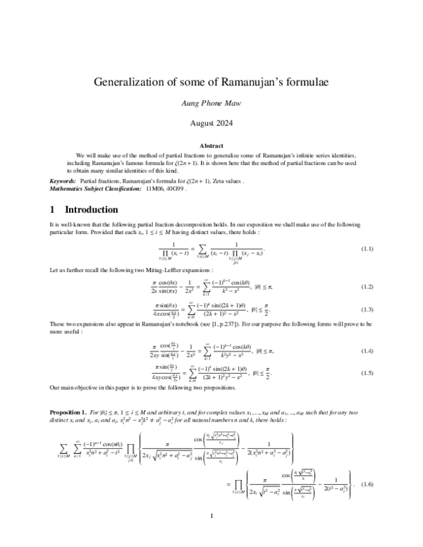 (PDF) Generalization of some of Ramanujan's formulae