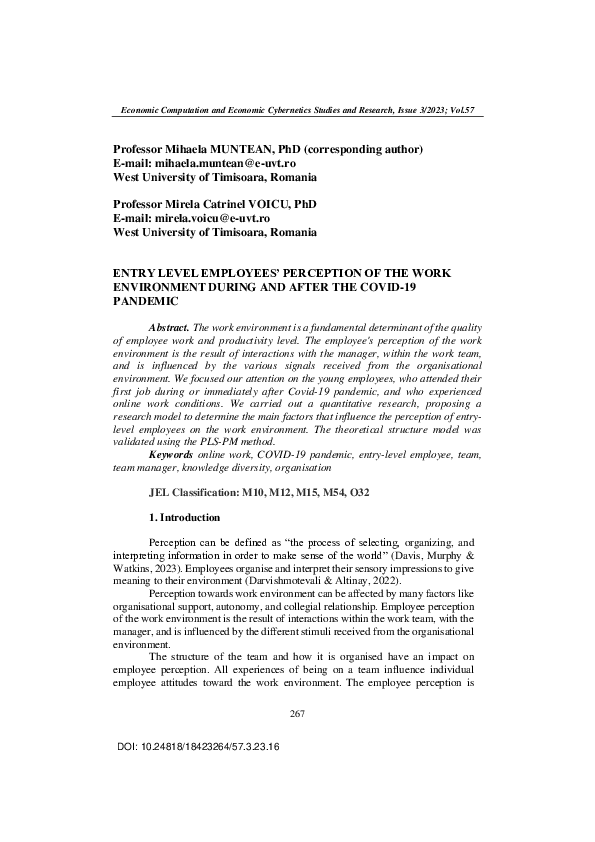 (PDF) Entry Level Employees’ Perception of the Work Environment During ...