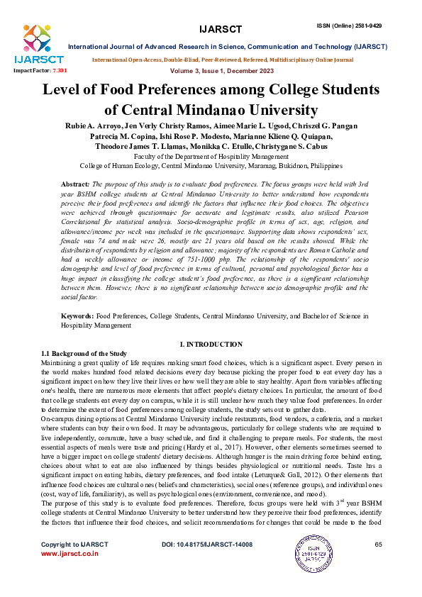 (PDF) Level of Food Preferences among College Students of Central ...