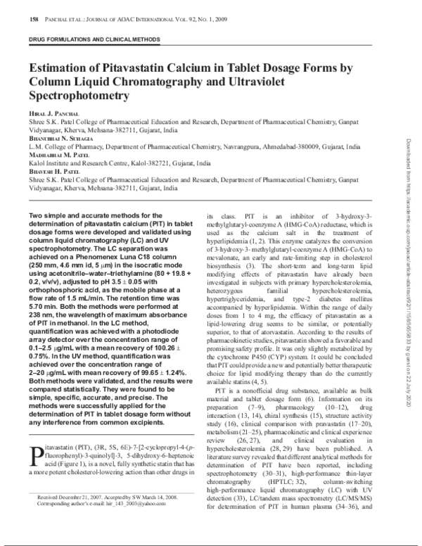 (PDF) Estimation of Pitavastatin Calcium in Tablet Dosage Forms by Column Liquid Chromatography ...