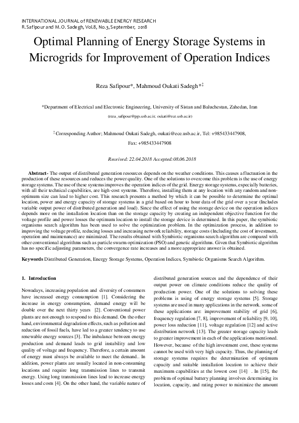 (PDF) Optimal planning of energy storage systems in microgrids for improvement of operation indices