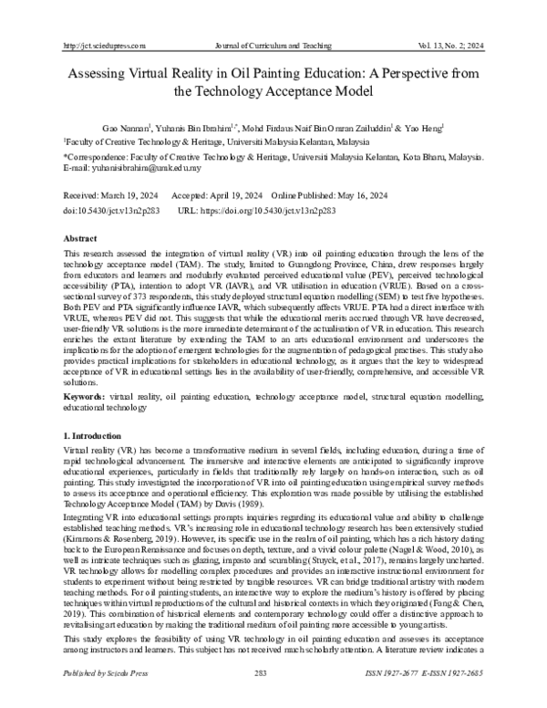(PDF) Assessing Virtual Reality in Oil Painting Education: A Perspective from the Technology ...