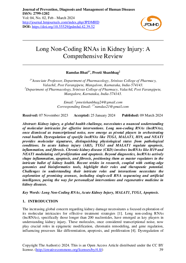 (PDF) Long Non-Coding RNAs in Kidney Injury: A Comprehensive Review