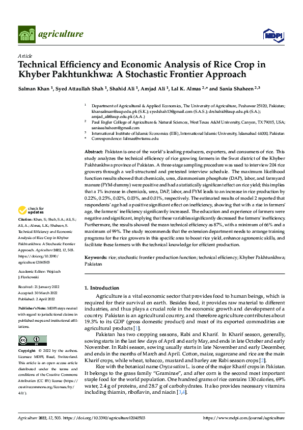 (PDF) Technical Efficiency and Economic Analysis of Rice Crop in Khyber Pakhtunkhwa: A ...