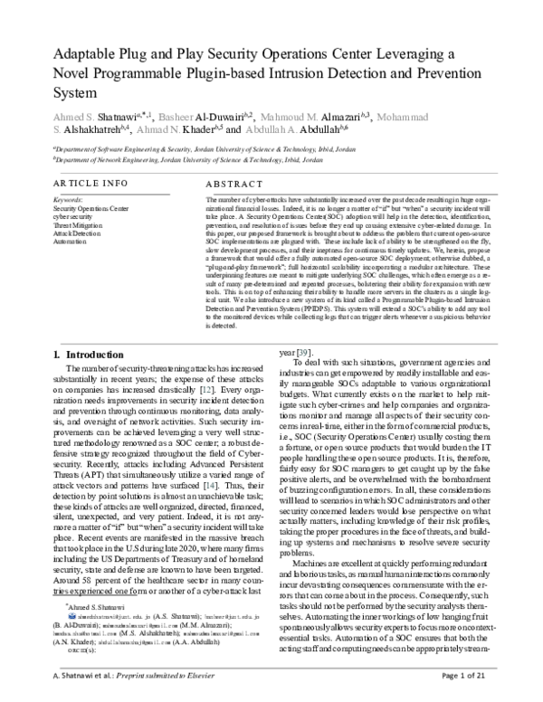 (PDF) Adaptable Plug and Play Security Operations Center Leveraging a ...