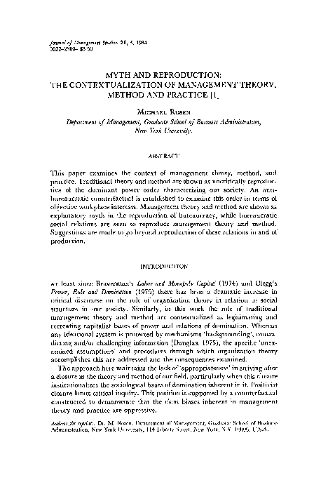 (PDF) Myth and Reproduction: The Contextualization of Management Theory, Method and Practice