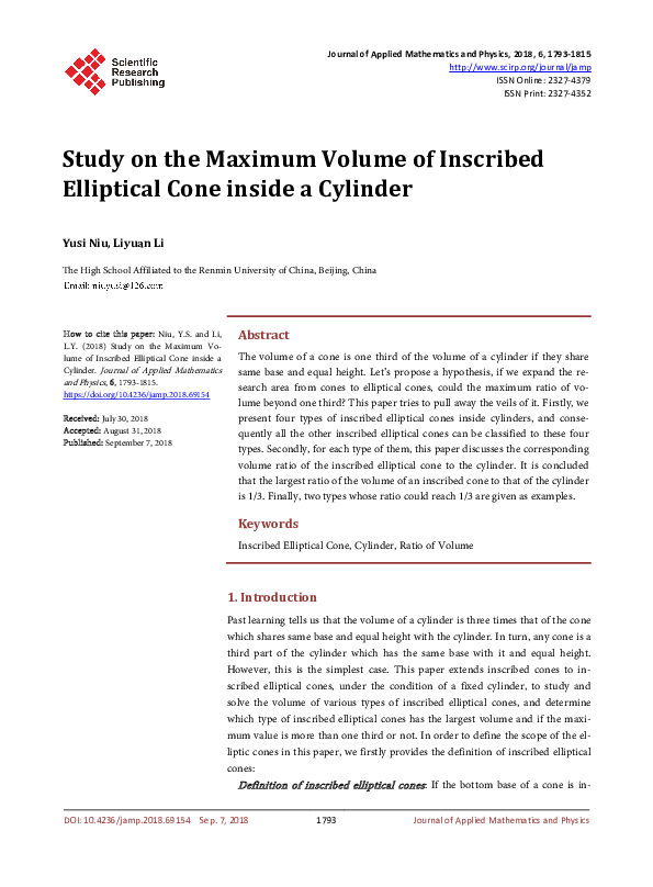 (PDF) Study on the Maximum Volume of Inscribed Elliptical Cone inside a ...