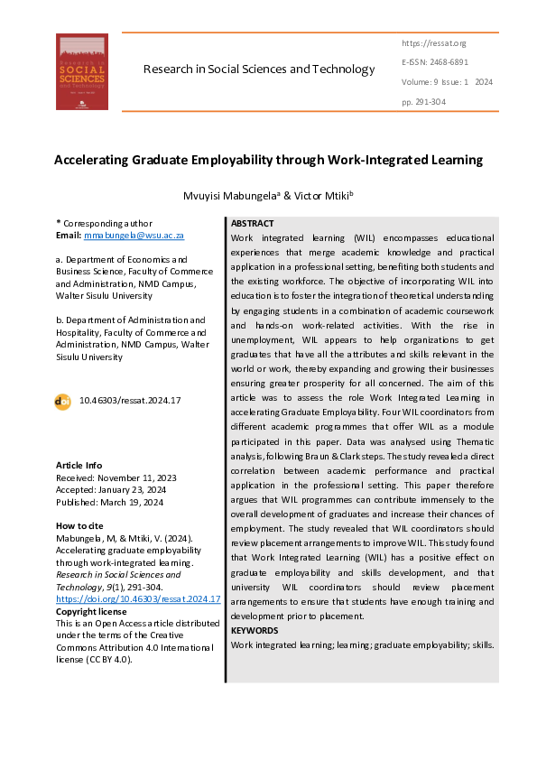 (PDF) Accelerating Graduate Employability through Work-Integrated Learning