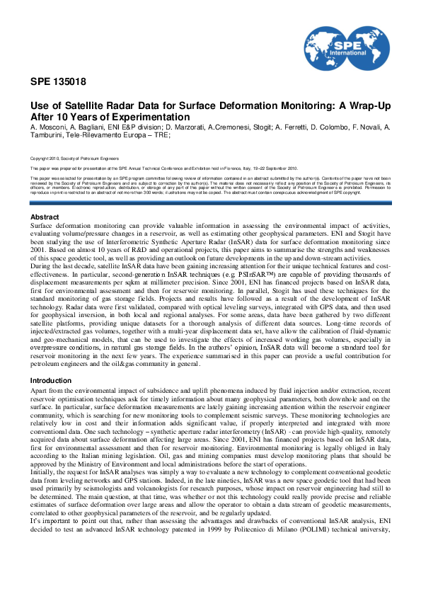 Pdf Satellite Radar Data For Surface Deformation Monitoring