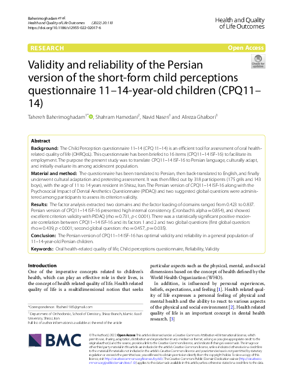 (PDF) Validity and reliability of the Persian version of the short-form ...