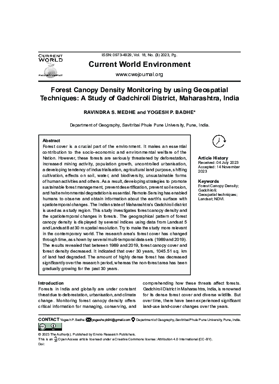 (PDF) Forest Canopy Density Monitoring by Using Geospatial Techniques: A Study of Gadchiroli ...