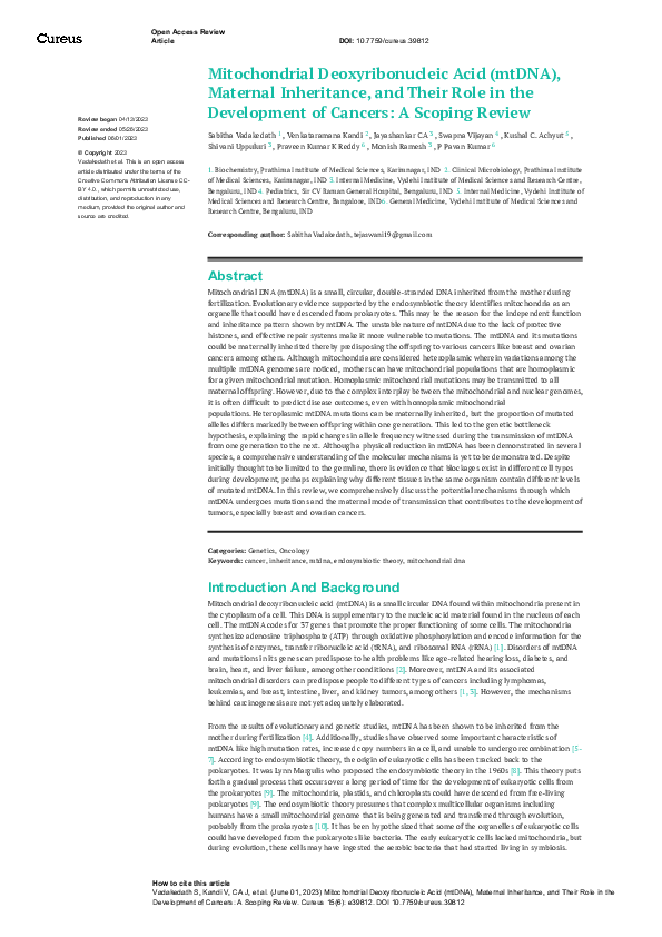 (PDF) Mitochondrial Deoxyribonucleic Acid (mtDNA), Maternal Inheritance ...