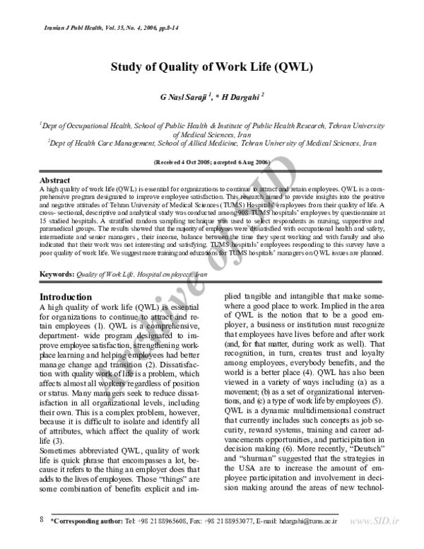 (PDF) Study of quality of work life (QWL)