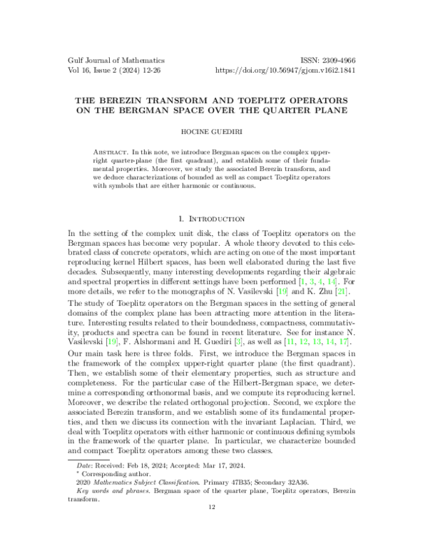 (PDF) Bergman Spaces and Toeplitz Operators Study