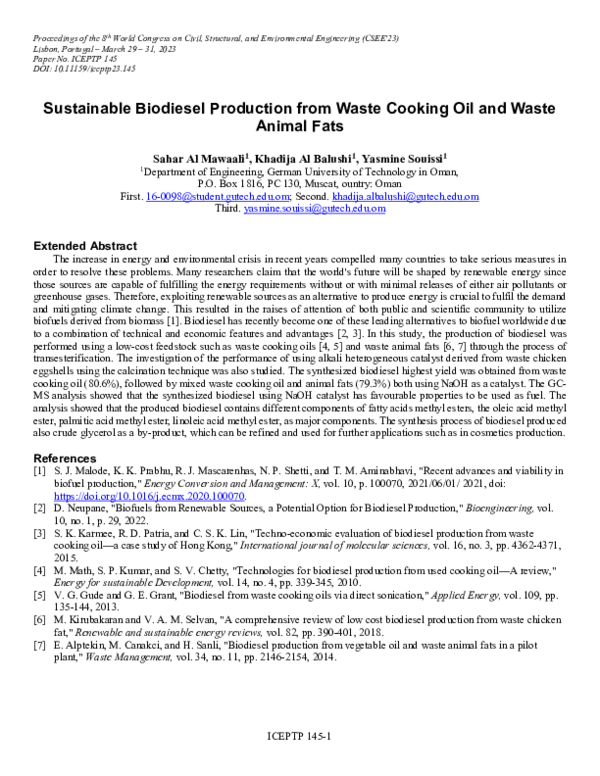 (PDF) Sustainable Biodiesel Production from Waste Cooking Oil and Waste ...