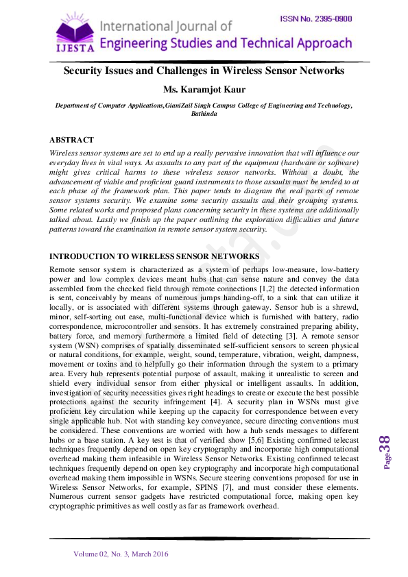 (PDF) Security Issues and Challenges in Wireless Sensor Networks | Uma Rani V - Academia.edu