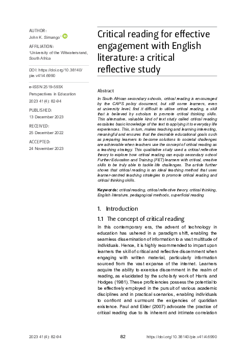 (PDF) Critical reading for critical engagement with English literature ...
