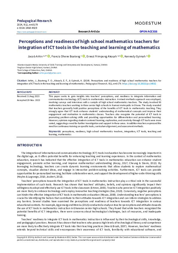 (PDF) Perceptions and readiness of high school mathematics teachers for integration of ICT tools ...