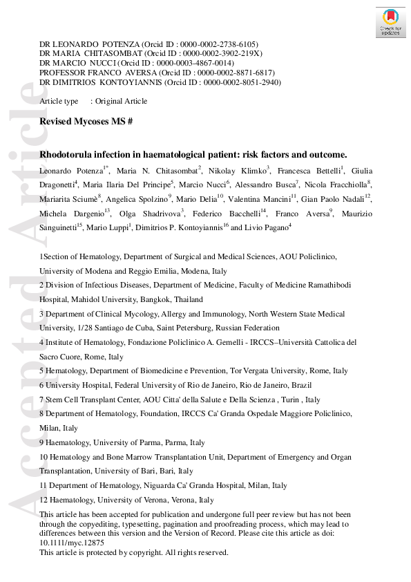 (PDF) Rhodotorula infection in haematological patient: Risk factors and ...