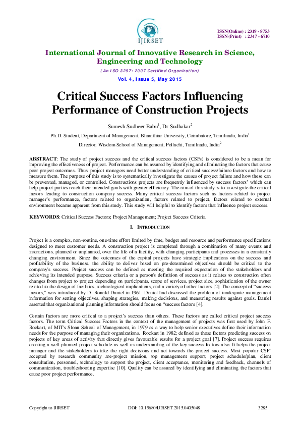 (PDF) Critical Success Factors Influencing Performance of Construction Projects