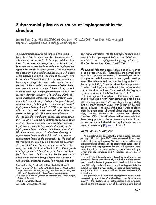 (PDF) Subacromial plica as a cause of impingement in the shoulder