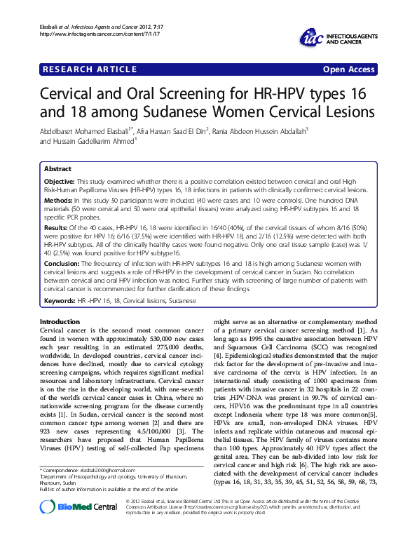 (PDF) Cervical and Oral Screening for HR-HPV types 16 and 18 among ...