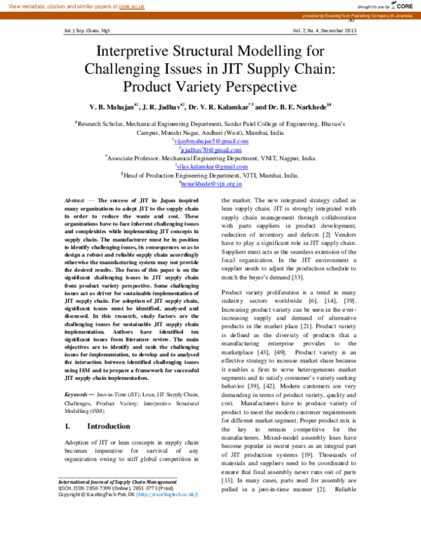 (PDF) Interpretive Structural Modelling for Challenging Issues in JIT Supply Chain: Product ...