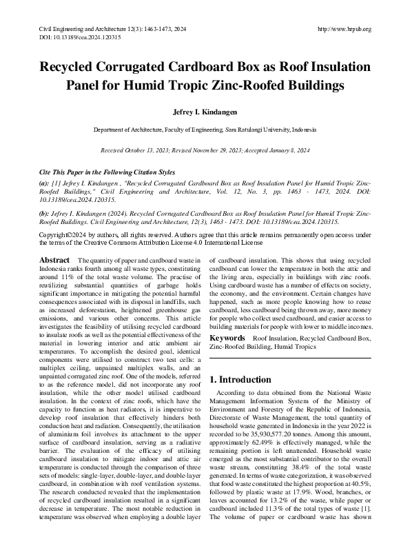 (PDF) Recycled Corrugated Cardboard Box as Roof Insulation Panel for ...